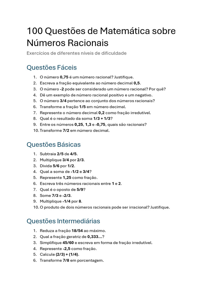 100 Questões de Matemática: Números Racionais | PDF | Número racional ...