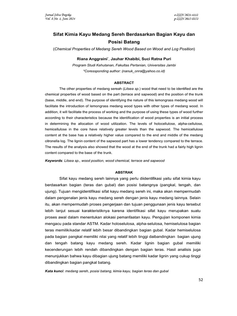 Sifat Kimia Kayu Medang Sereh Berdasarkan Bagian K | PDF