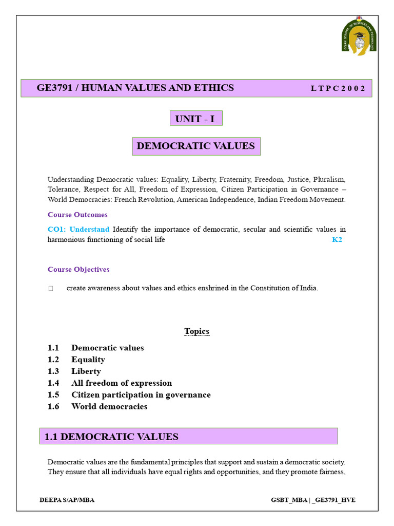 Unit 1 Democratic Values | PDF | Democracy | Political Ideologies
