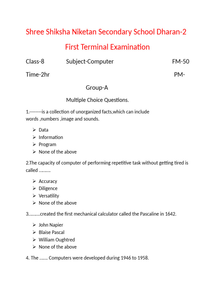 Class 8 Computer Exam Questions | PDF | Random Access Memory | Read ...
