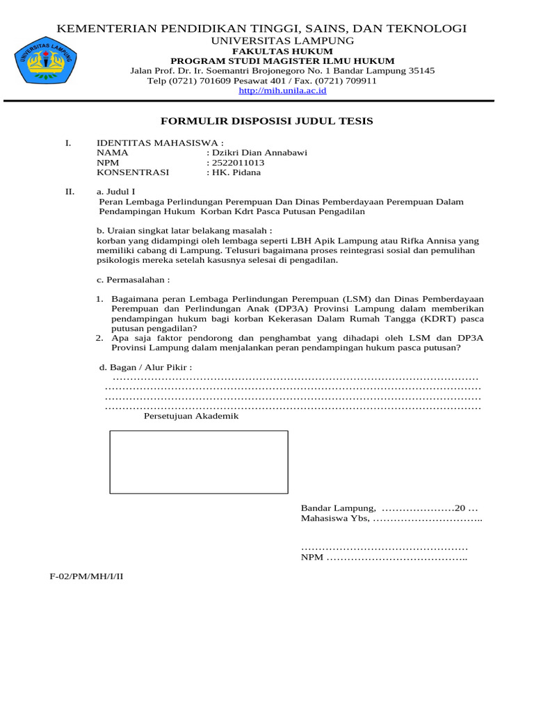 Form Disposisi Judul Tesis | PDF