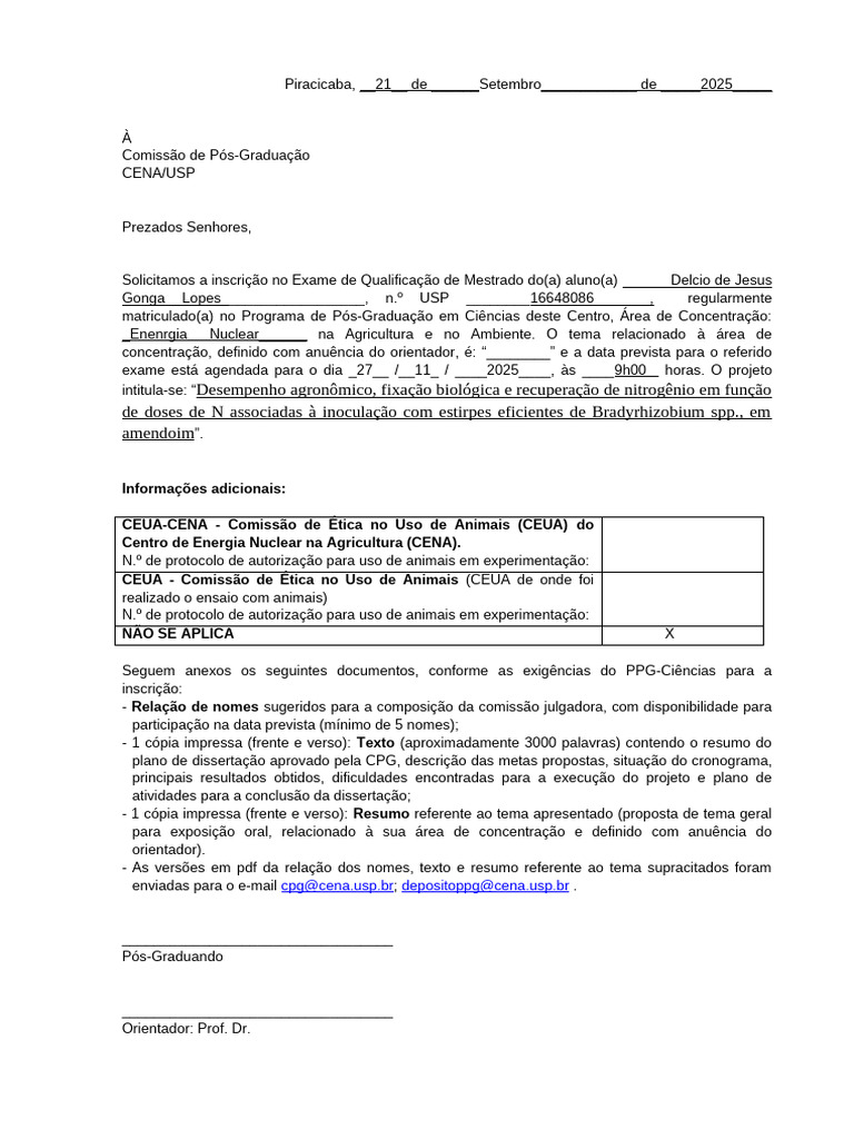 Inscrição Exame Mestrado CENA/USP 2025 | PDF