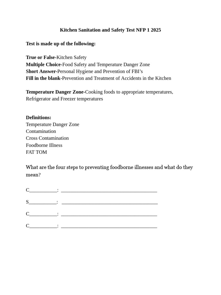 Kitchen Safety and Sanitation Test 2025 | PDF