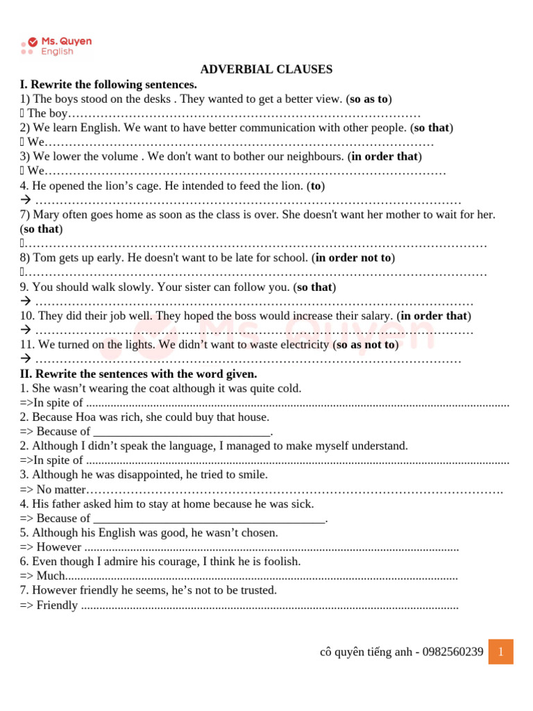 Adverbial Clauses Practice Exercises | PDF