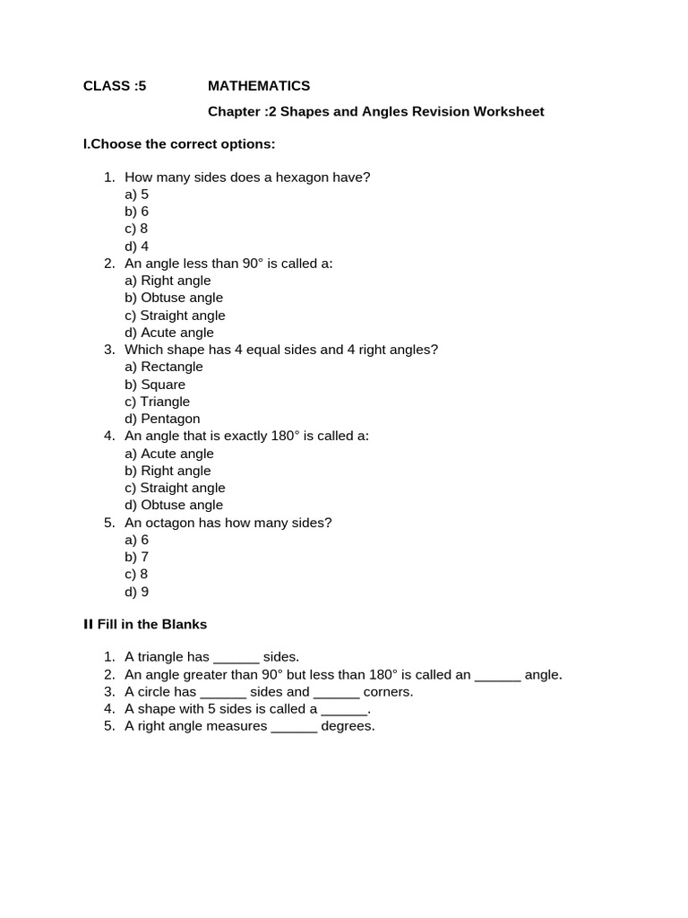 Shapes and Angles Revision Worksheet | PDF