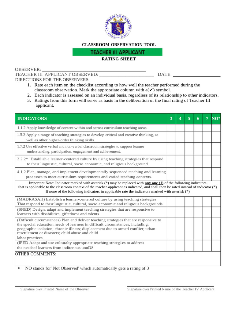 Teacher III Observation Rating Sheet | PDF | Special Education | Learning