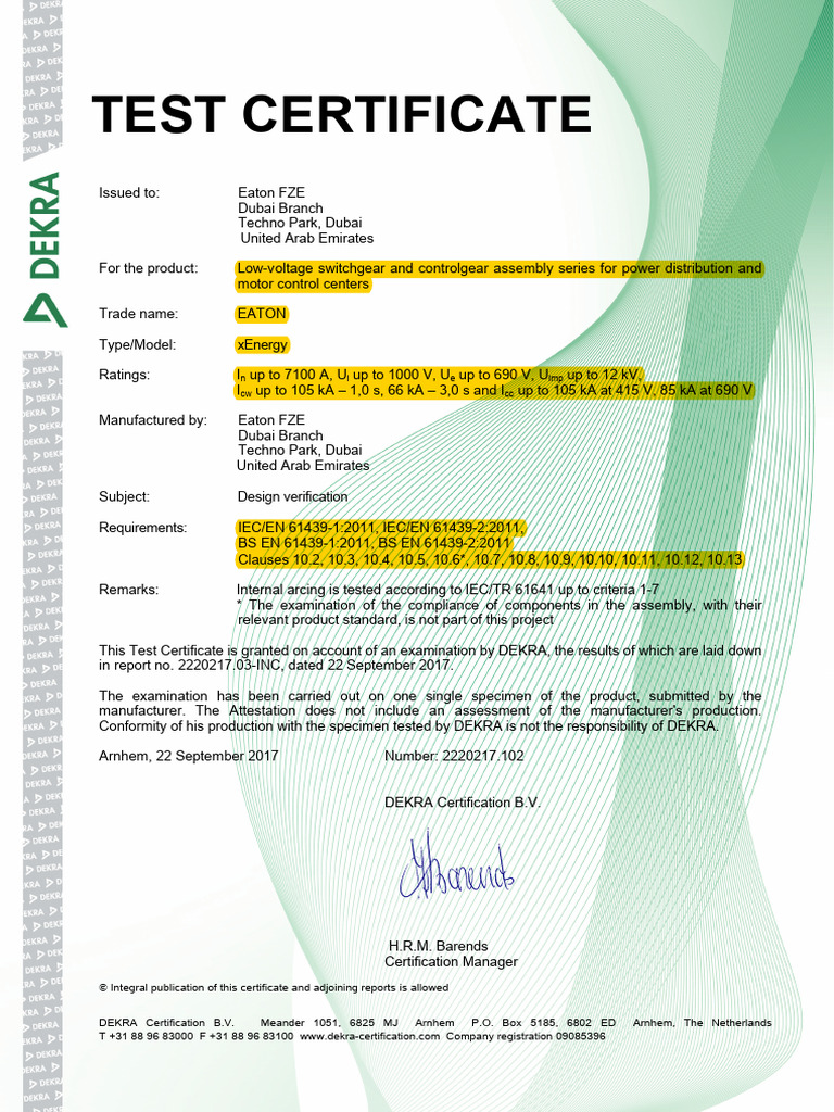 Xenergy Type Test Certificate UP To 7100A | PDF | Electrical Components ...