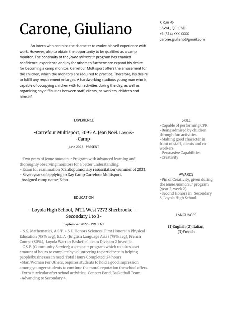 Resume Carrefour Multisport (Summer of 2024) - Giuliano Carone | PDF