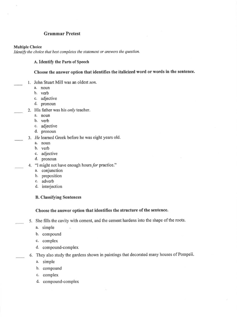 Grammar Pretest - Parts of Speech | PDF