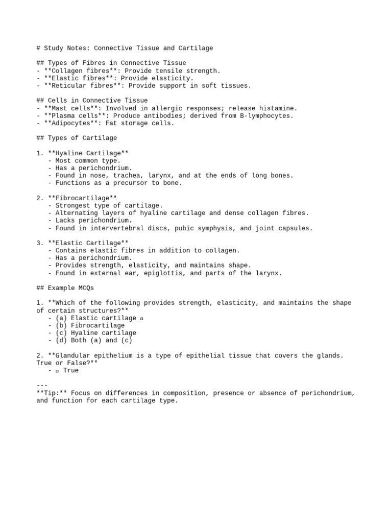 Study Notes Connective Tissue and Cartilage | PDF