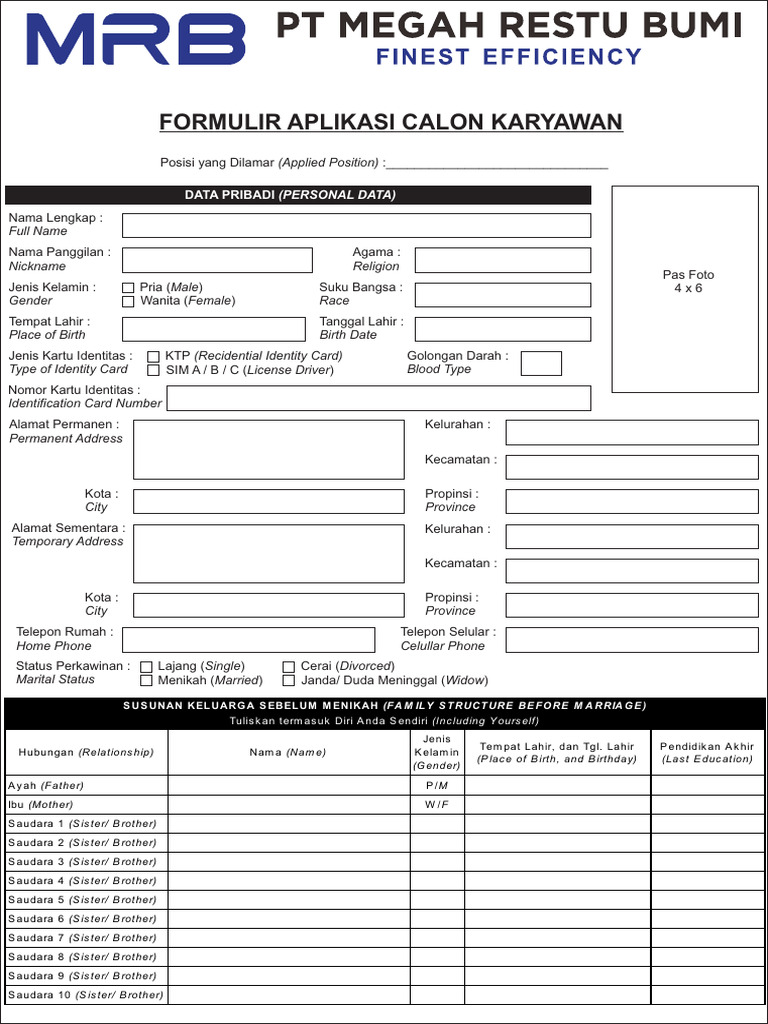 Formulir Aplikasi Calon Karyawan PT MRB (Form Fill) | PDF