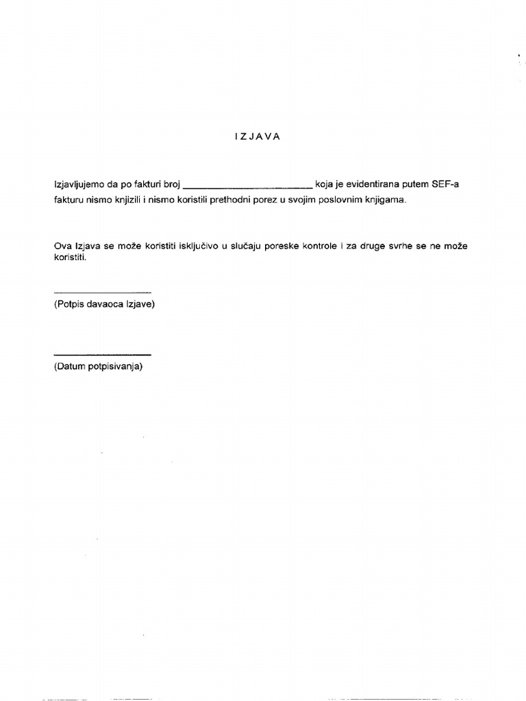 Izjava o Odbijenoj Efakturi | PDF