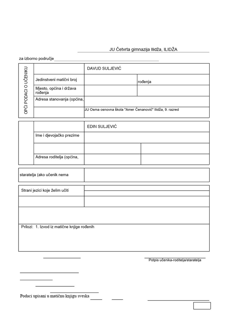 Prijava Za Upis Gimnazija | PDF
