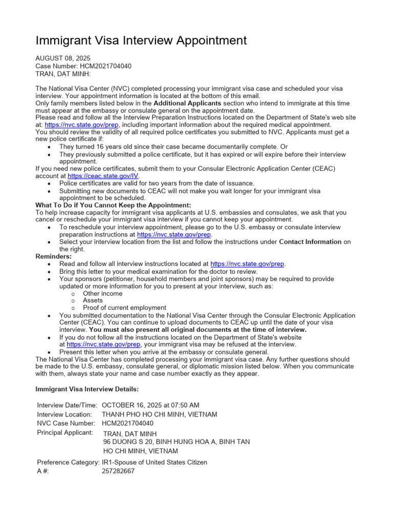 HCM2021704040 - Immigrant Visa Interview Appointment | PDF | Travel ...