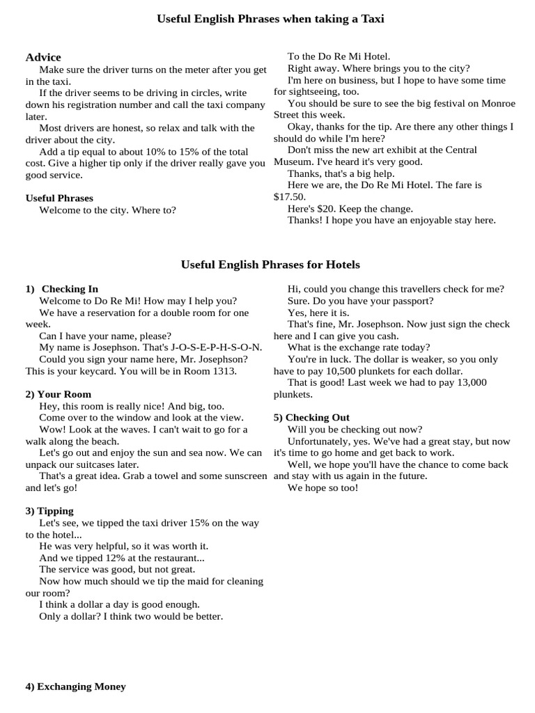Essential Taxi and Hotel Phrases | PDF