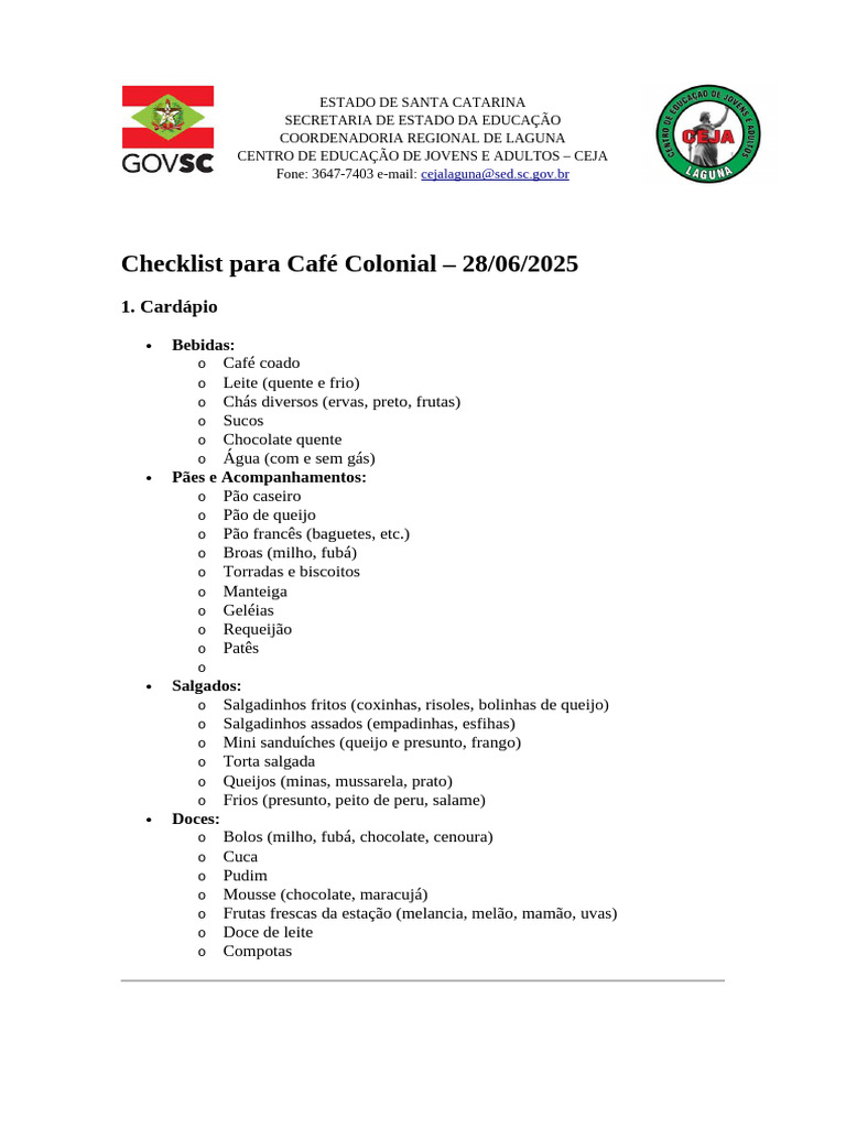 Checklist Para Café Colonial | PDF | Chocolate | Chá