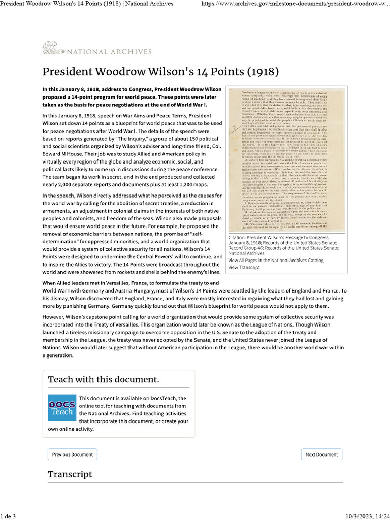 Wilson's 14 Points Overview | PDF