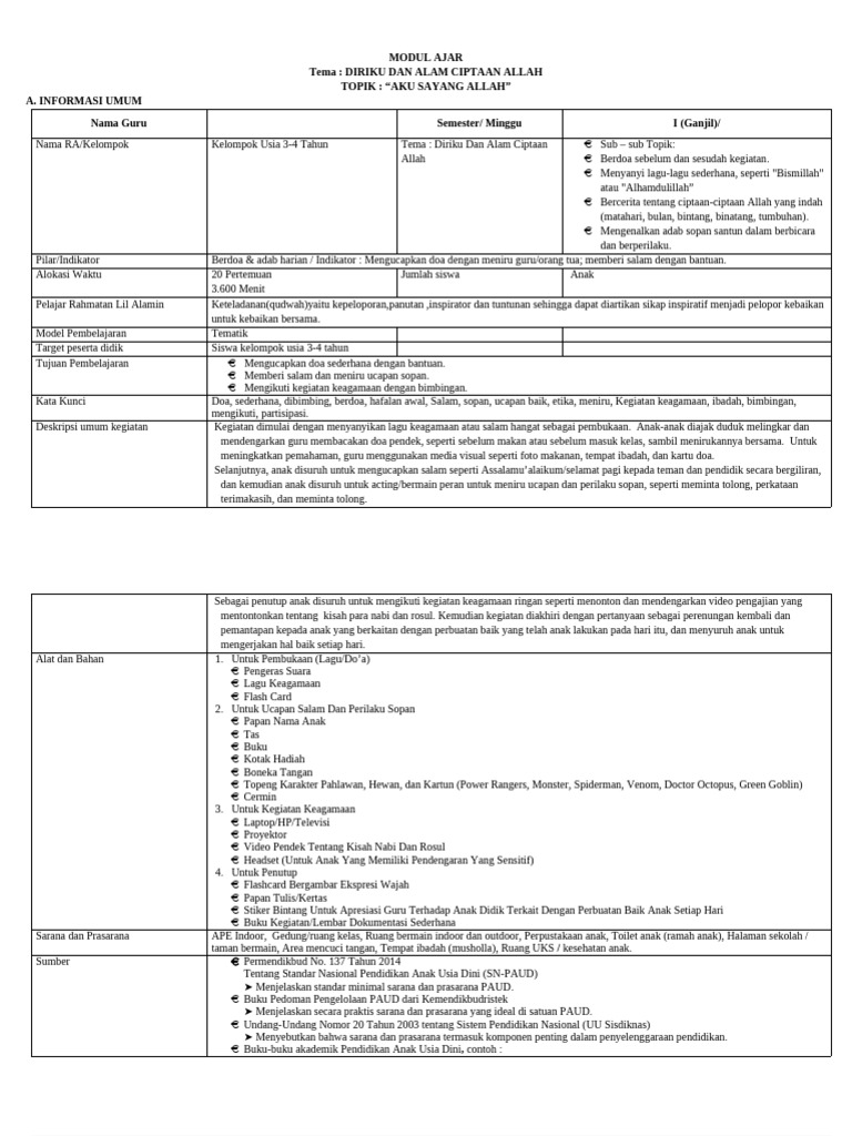 Modul Ajar Topik 1 Paud Mentari Cendikia | PDF