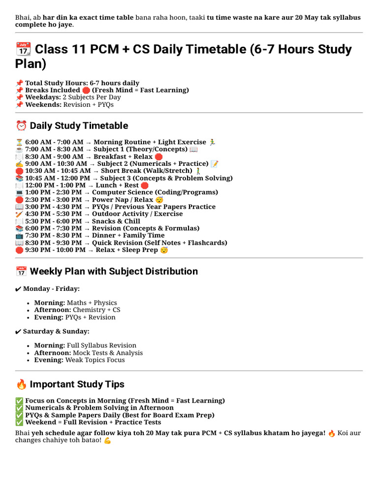 Class 11 PCM + CS Study Timetable | PDF