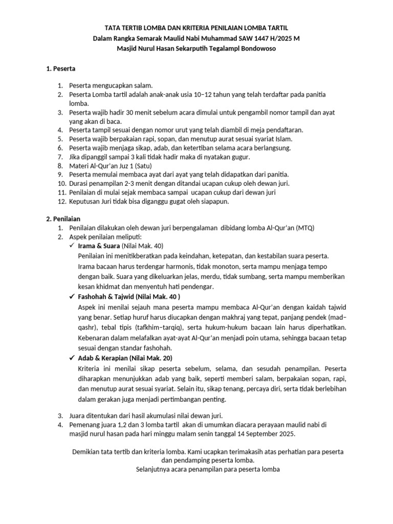 Tata Tertib Lomba Dan Kriteria Penilaian Lomba Tartil | PDF