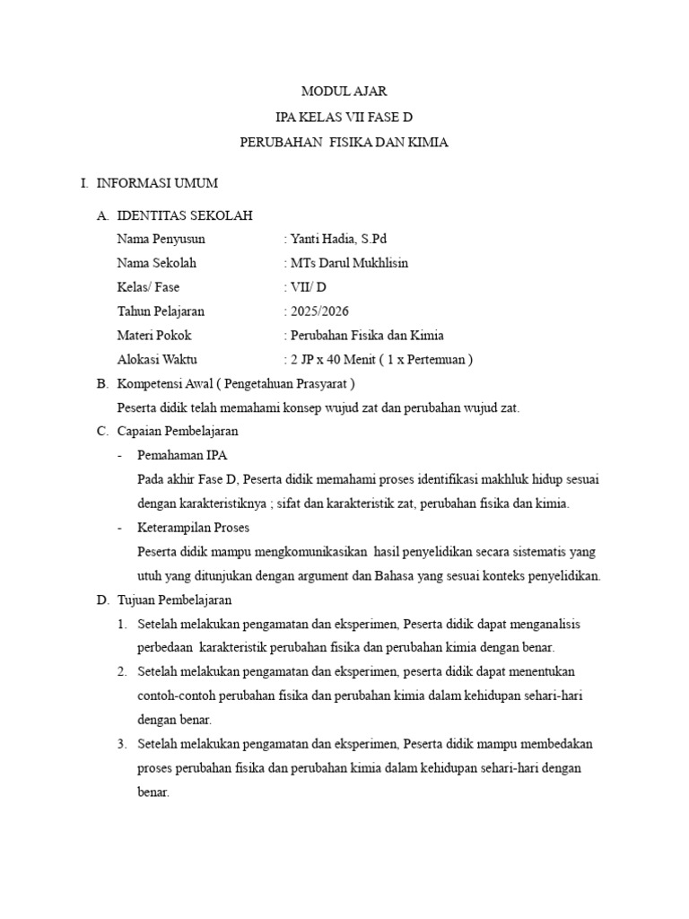 Perangkat Pembelajaran - Yanti Hadia - 25411663 | PDF