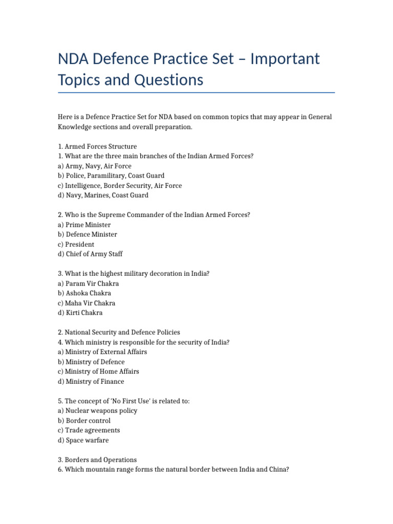 NDA Defence Practice Questions Guide | PDF | Military | International ...