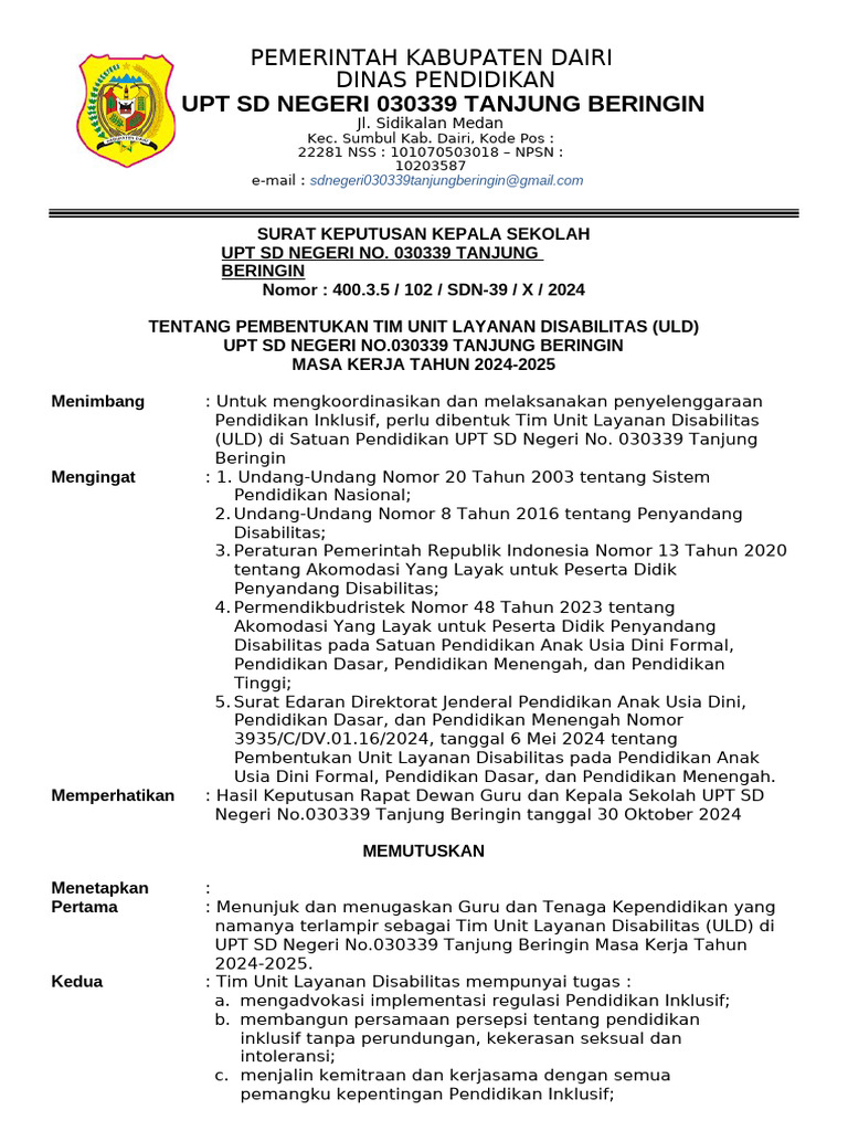 Pembentukan Tim ULD SDN 030339 2024-2025 | PDF