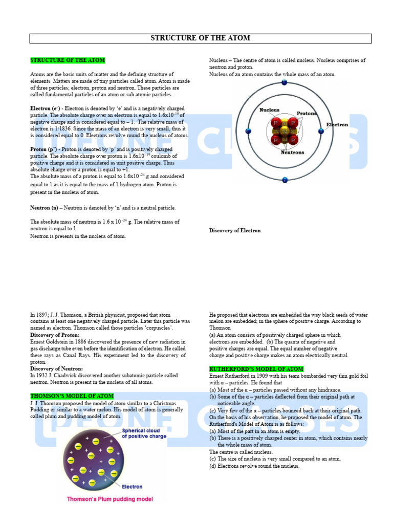 Chemistry Class 7 Atomic Structure | PDF | Atoms | Atomic Nucleus