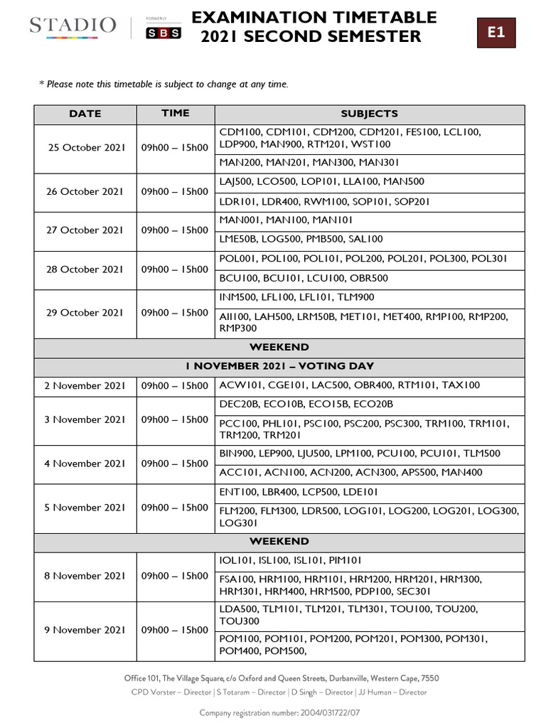 E1 Stadio Exam Timetable 2021 02 | PDF | Educational Stages | Higher ...