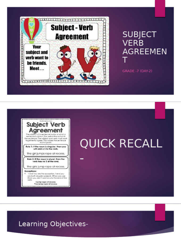 Subject-Verb Agreement Activities for Grade 7 | PDF | Grammatical ...