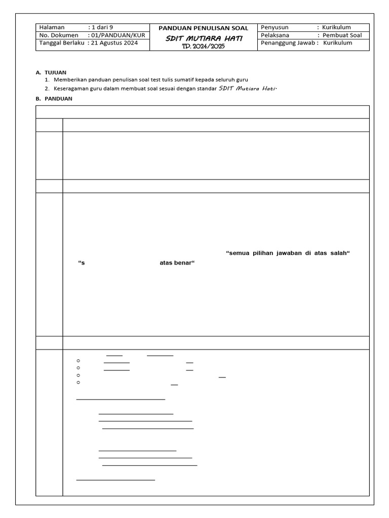 Panduan Penulisan Soal SDIT Mutiara Hati | PDF