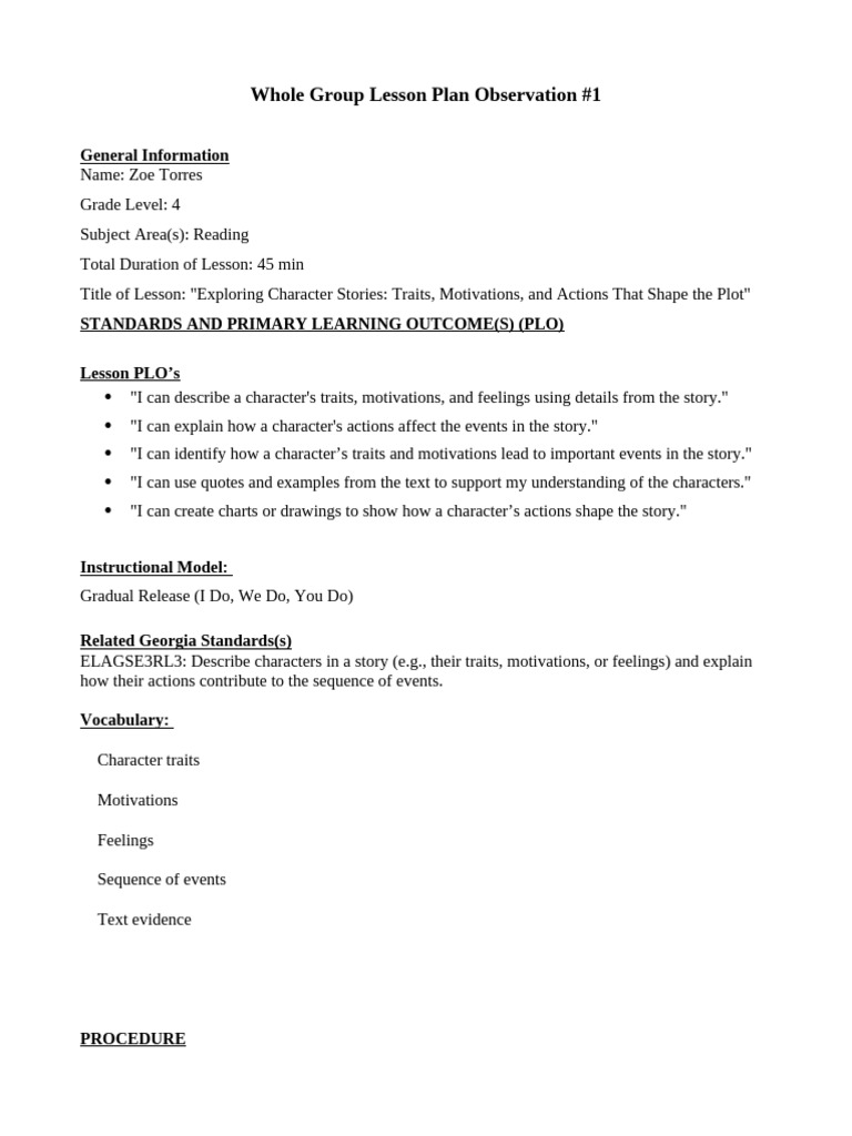 4th Grade Reading Lesson Plan on Characters | PDF | Motivation ...