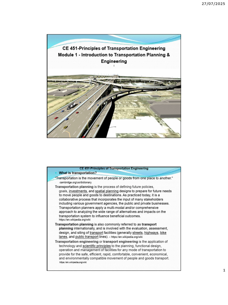 M1.0 CE451 Module 1 Introduction To Transportation Planning Engineering | PDF | Transport ...
