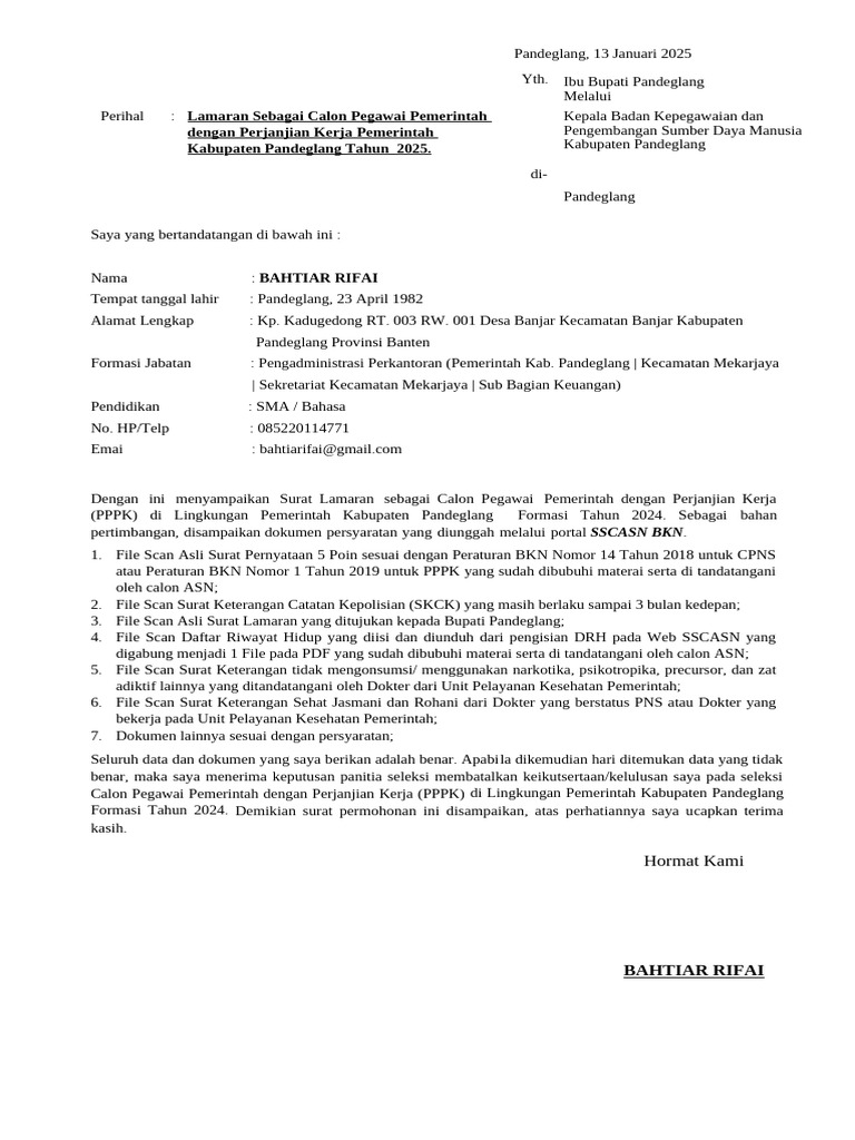 Contoh Surat Lamaran PPPK 2024 | PDF
