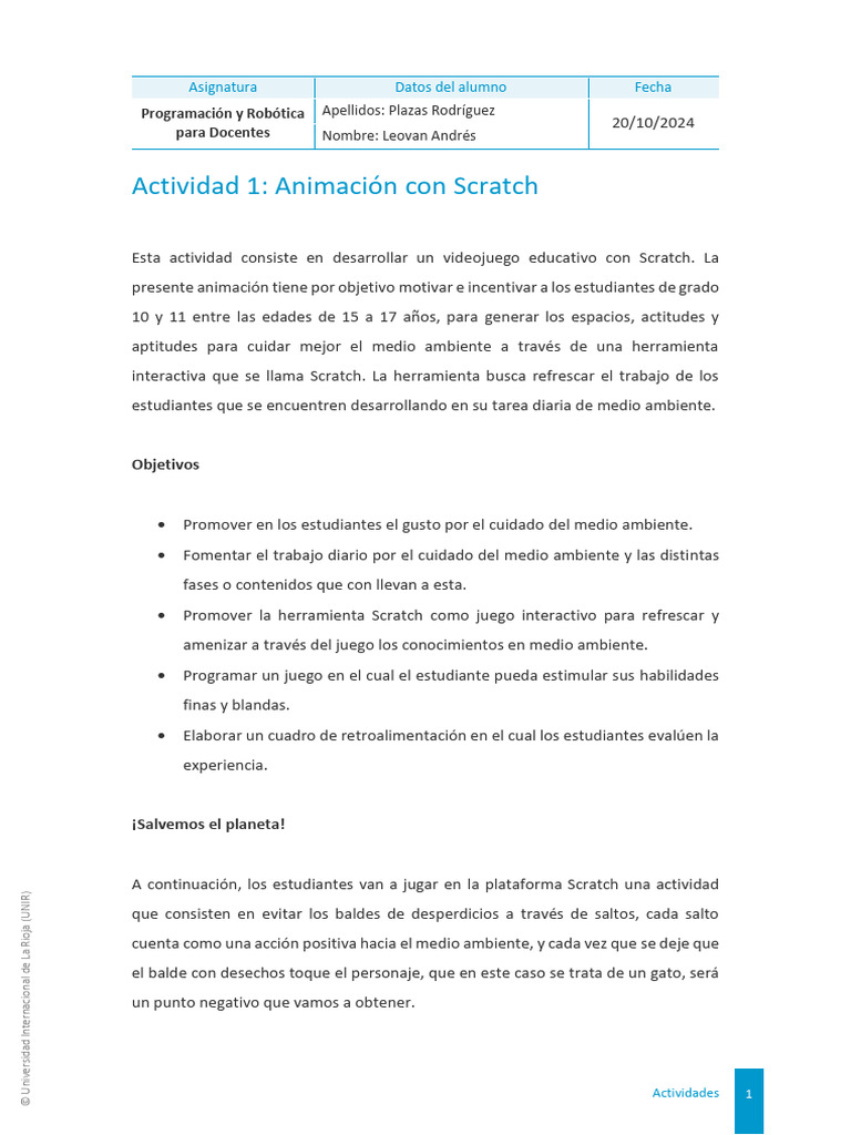 Actividad No 1 Programación | PDF | Scratch (lenguaje de programación) | Enseñando
