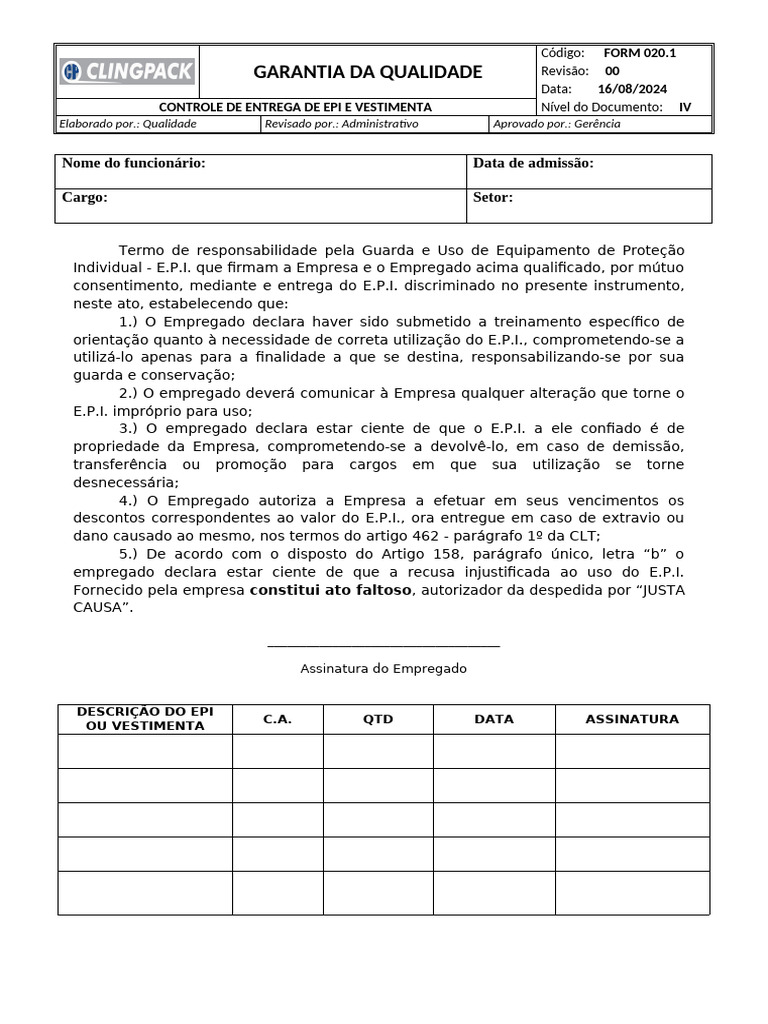 FORM 020.1 - Controle de Entrega de EPI | PDF