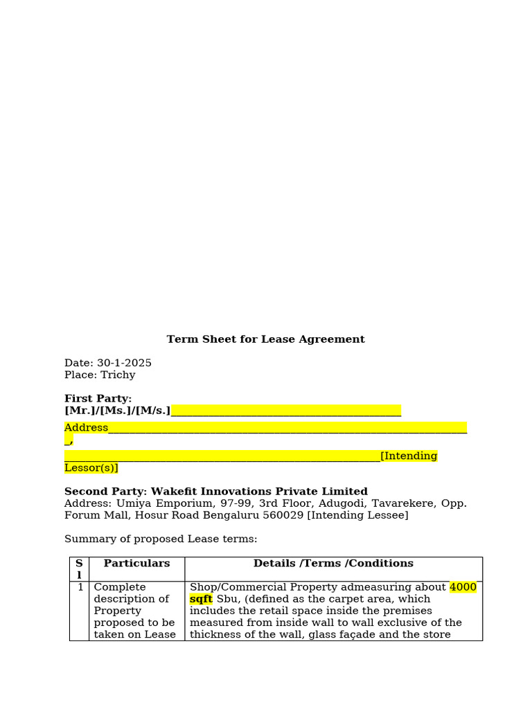 Draft Term Sheet - AS Rao Nagar, Hyd | PDF | Lease | Common Law