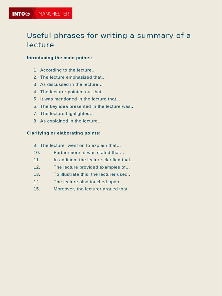 Useful Phrases For Writing A Summary of A Lecture | PDF