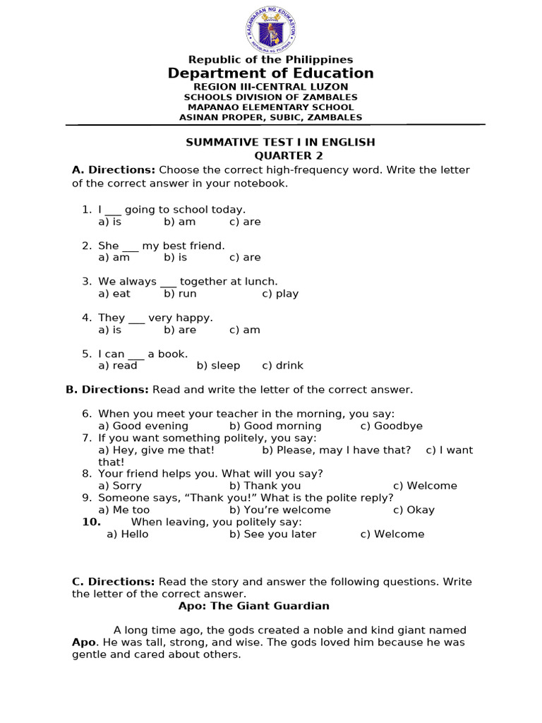 Summative English Test for Grade 2 | PDF