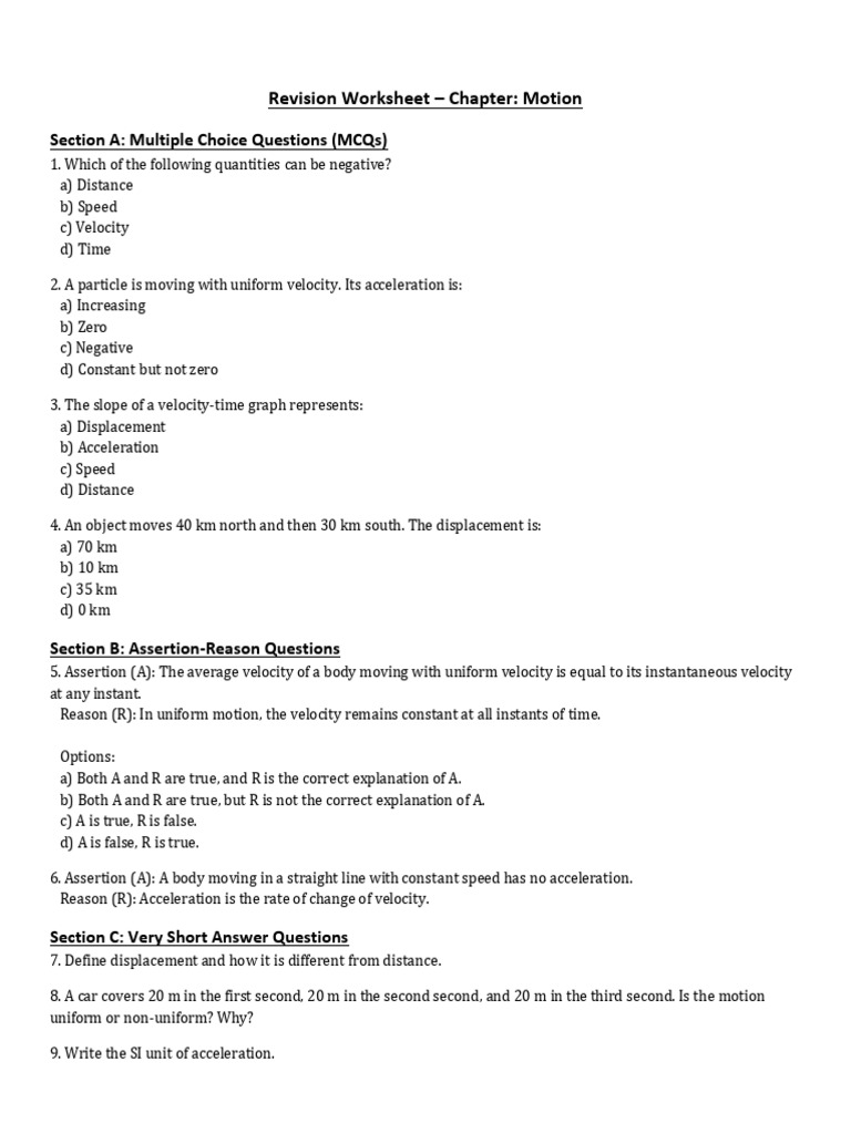 Motion Revision Worksheet: MCQs & Answers | PDF | Acceleration | Velocity