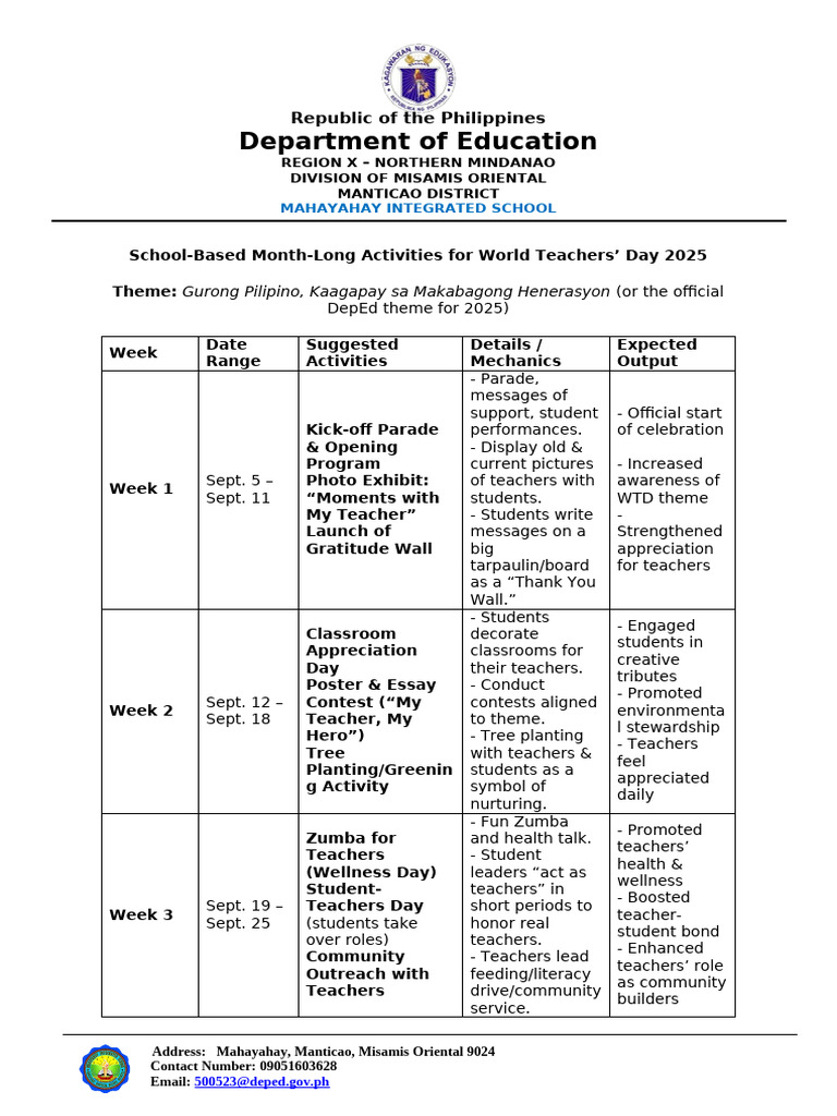 World Teachers' Day 2025 Activities Plan | PDF