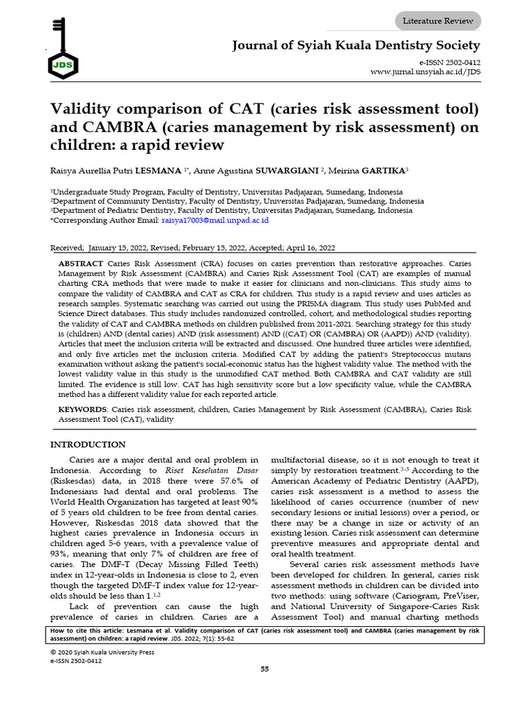 Validity Comparison of CAT (Caries Risk Assessment Tool) and CAMBRA ...