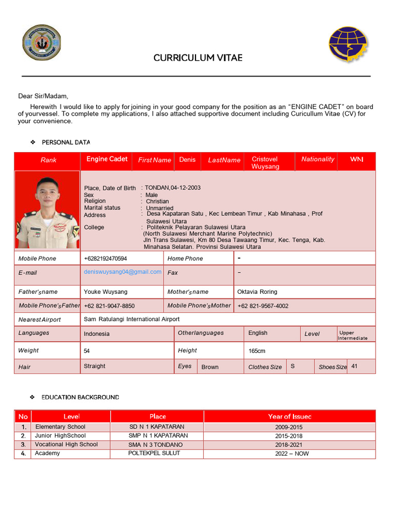Application for Engine Cadet Position | PDF | Water Transport | Shipping