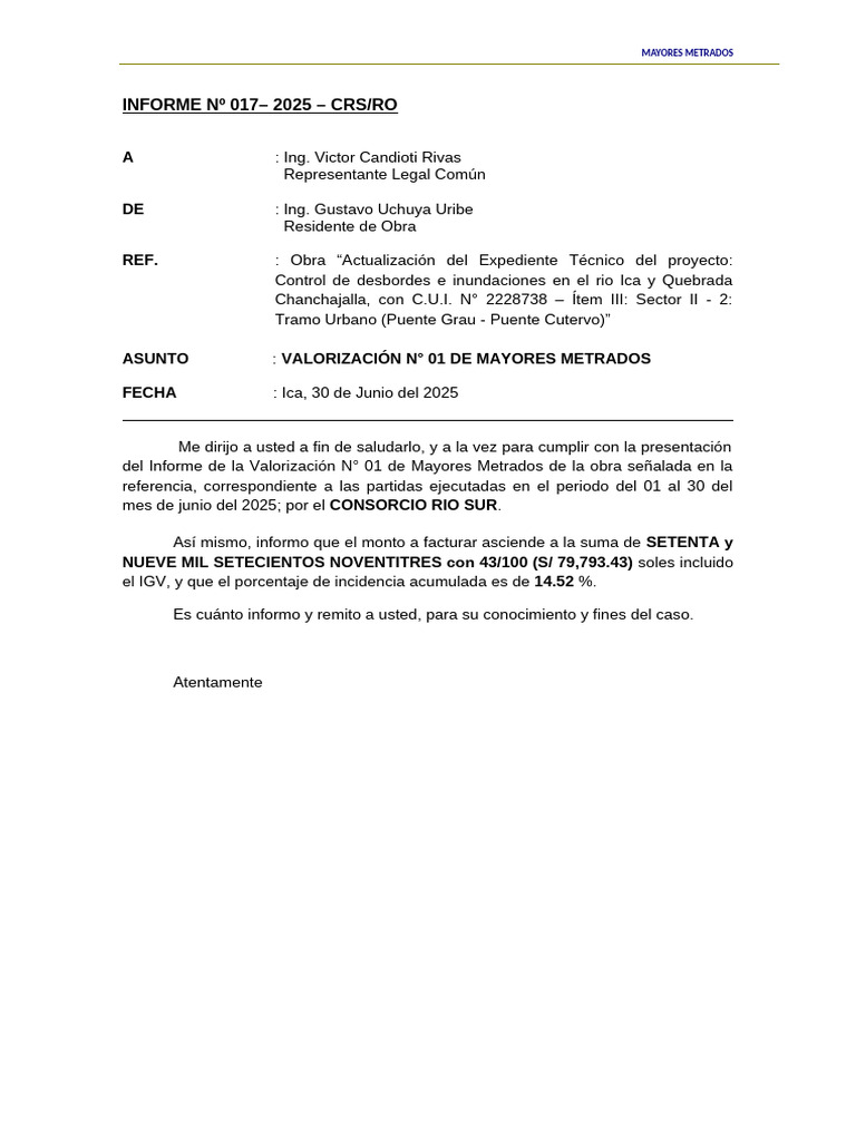 INFORME #017 - Val 1 de May Metrados | PDF | Inundar | Río