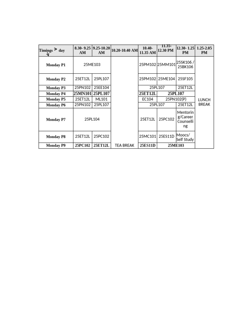 Monday Class Schedule and Activities | PDF