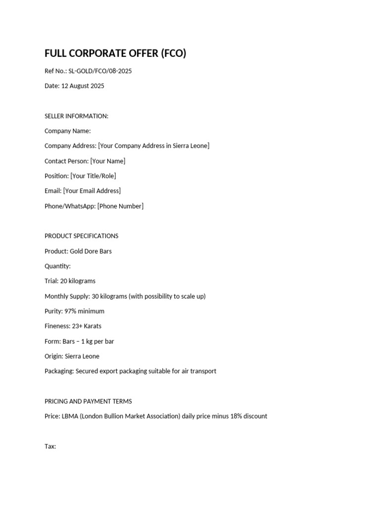 Monthly FCO for Gold Dore Bars | PDF