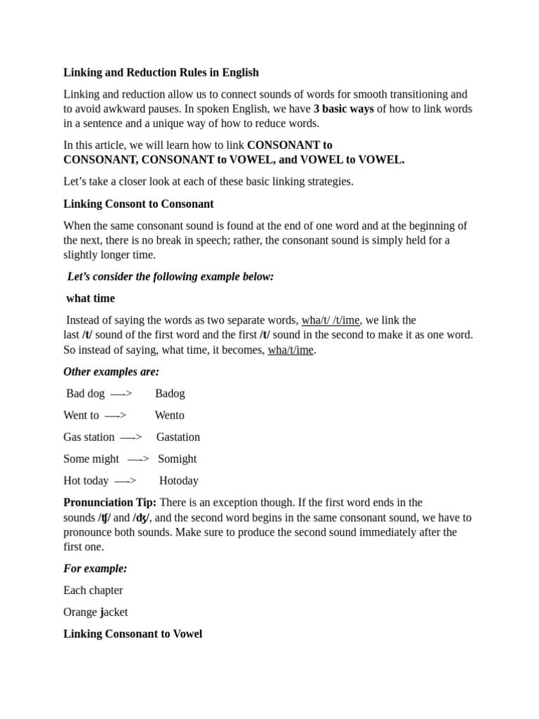 Linking and Reduction Rules in English | PDF | English Language | Consonant