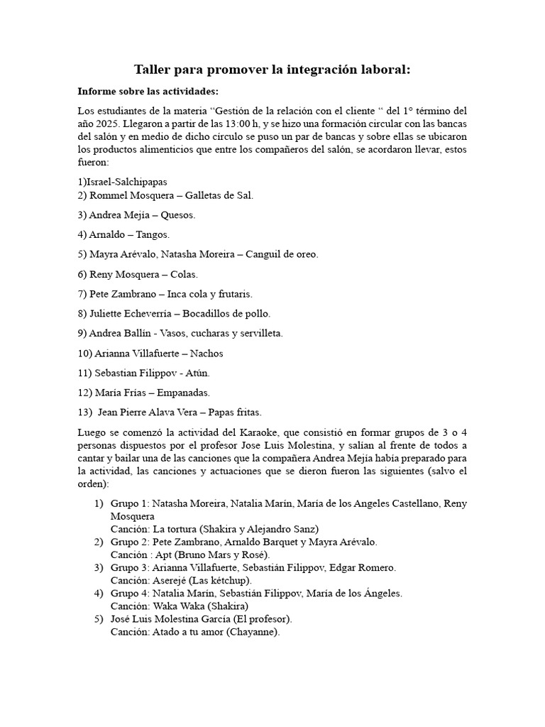 Informe Del Taller para Promover La Integración Laboral (Jean Alava) | PDF