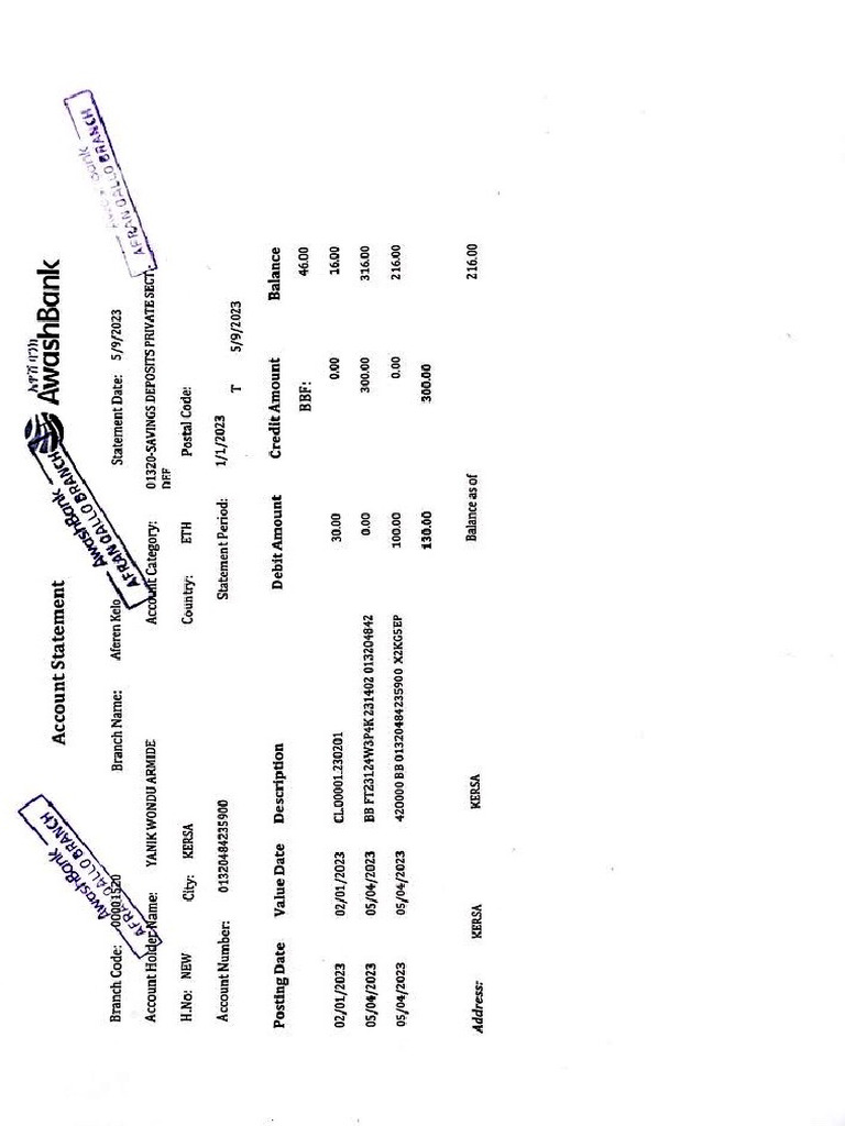 W Bank of Awash Statment | PDF