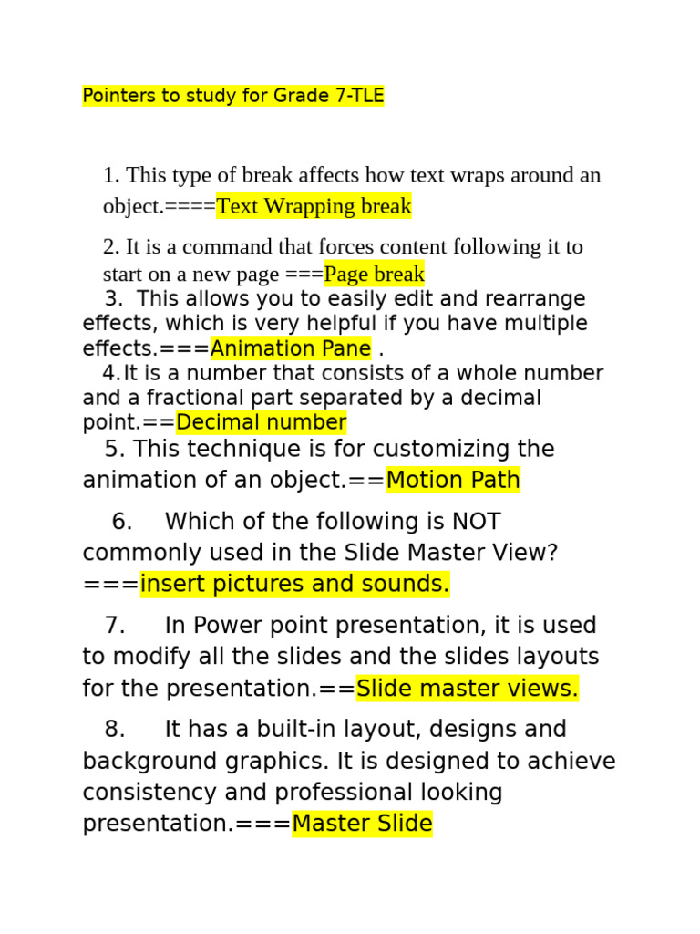 Pointers To Study For Grade 7 | PDF